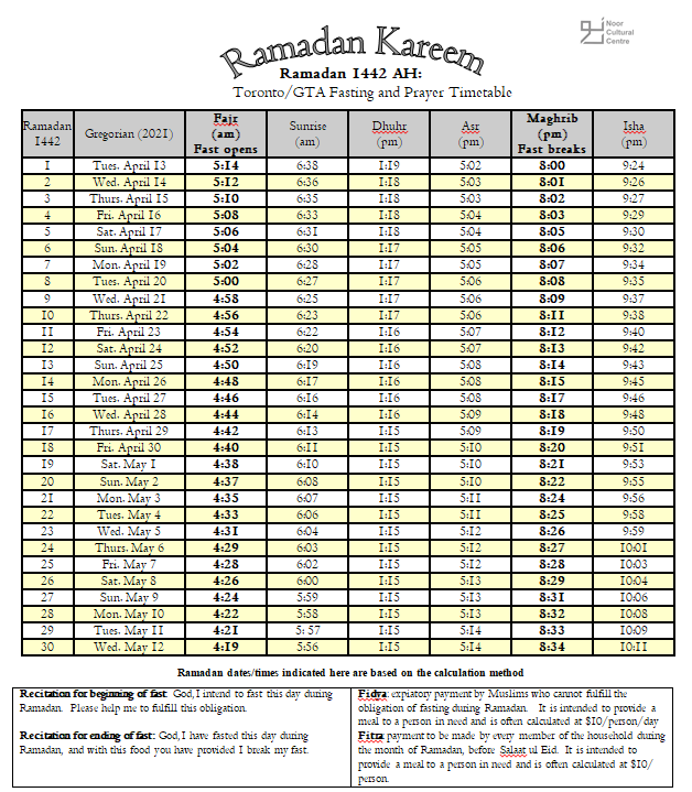 Ramadan 1442: Toronto/GTA Fasting and Prayer Timetable